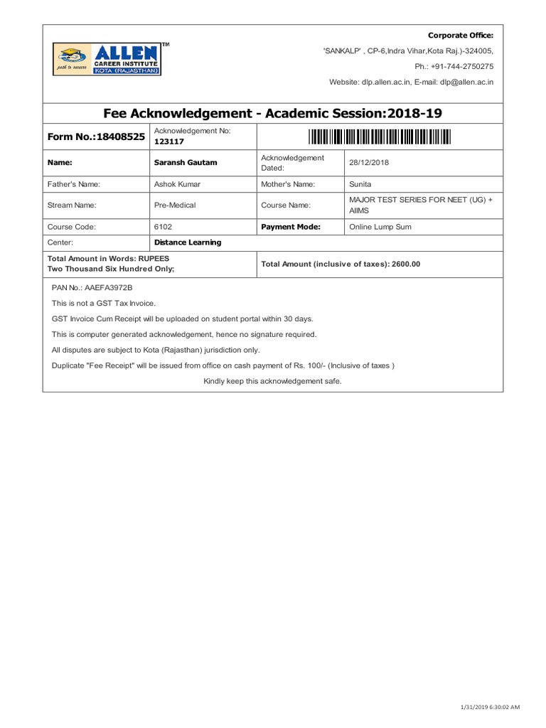 Fee Receipt - 18408525 - 1 - 31 - 2019 6 - 30 - 02 AM | PDF