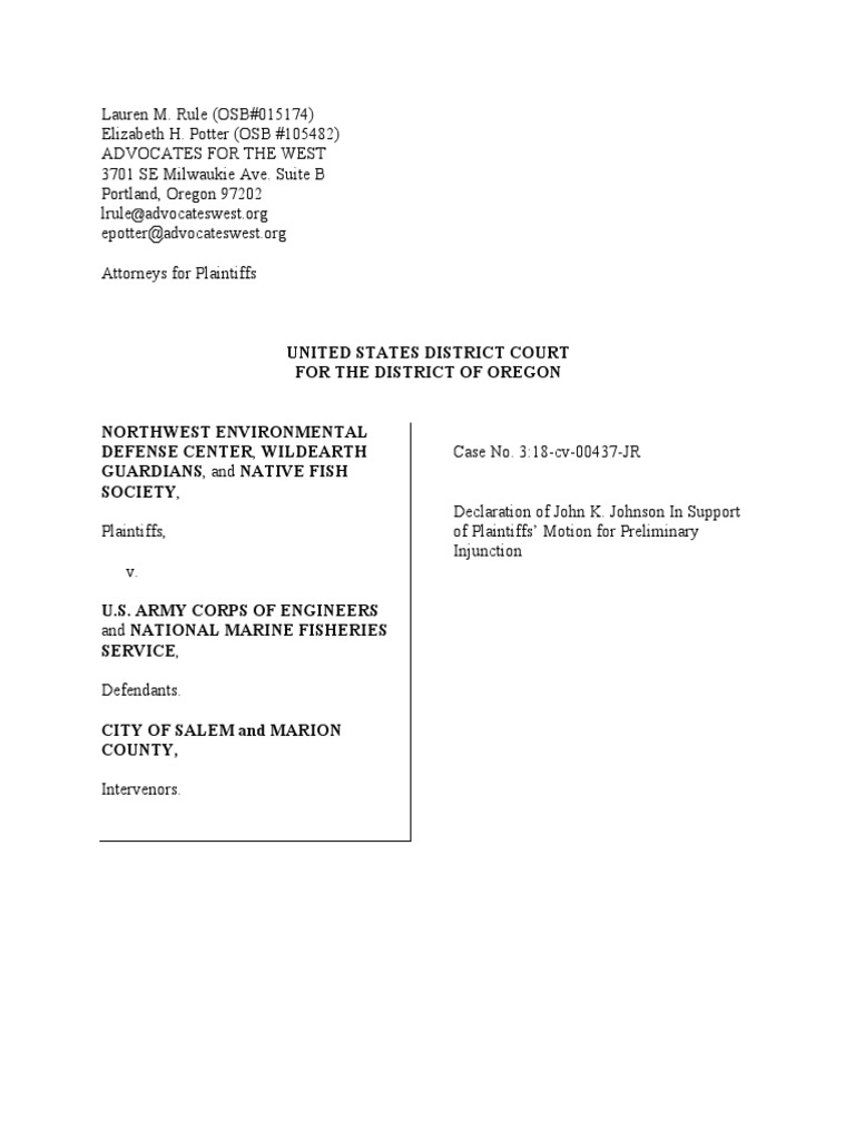 Johnson's Declaration for Injunction Motion | PDF | Reservoir | Dam