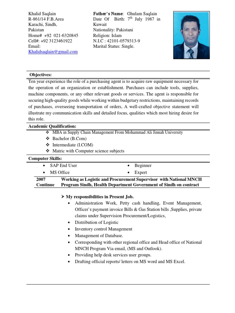 Khalid Saqlain Resume | PDF | Pakistan | Logistics