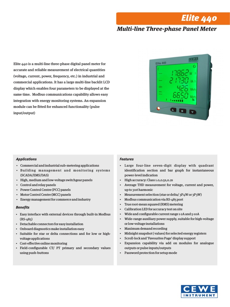 Elite 440 Three-Phase Digital Meter | PDF | Power Supply | Ac Power