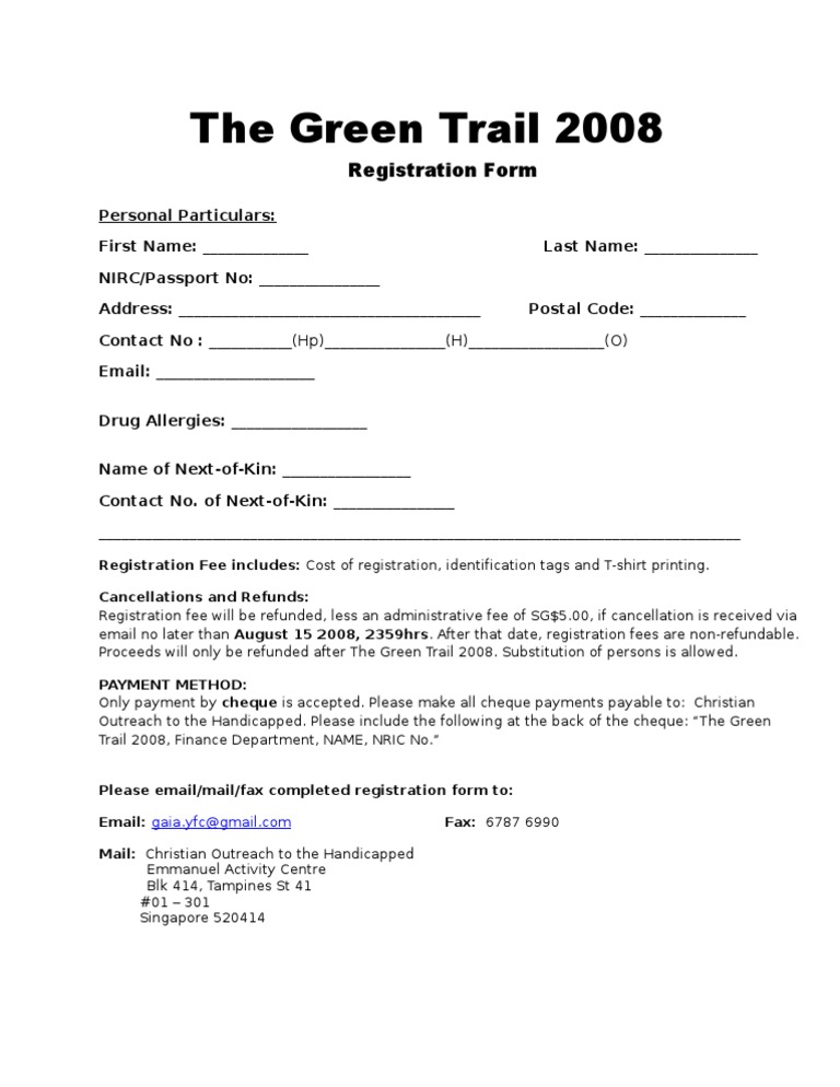 The Green Trail 2008 Registration Form | PDF | Finance & Money Management