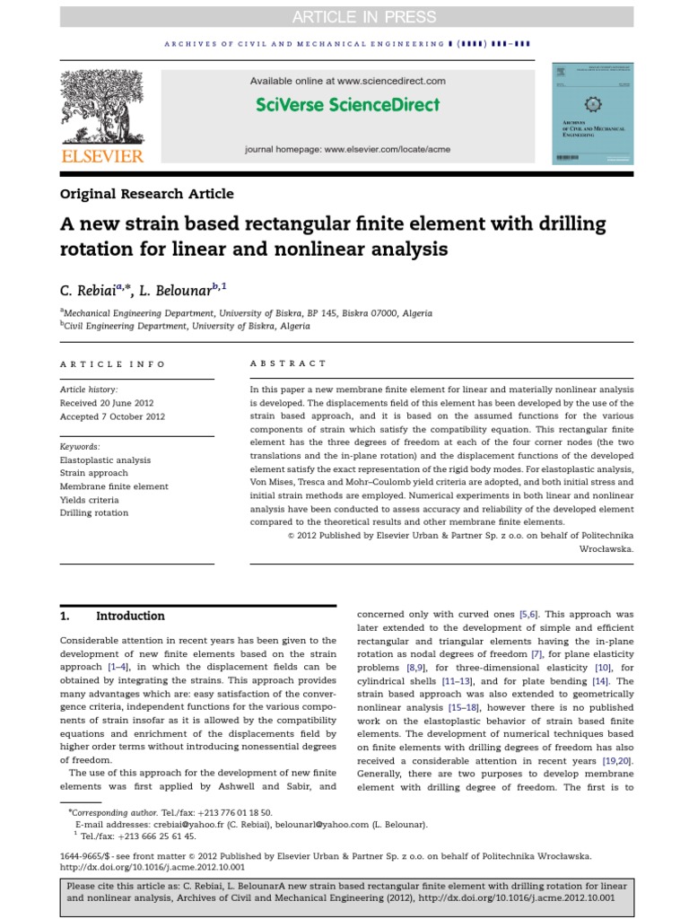 A New Strain Based Rectangular Finite Element | PDF | Bending ...