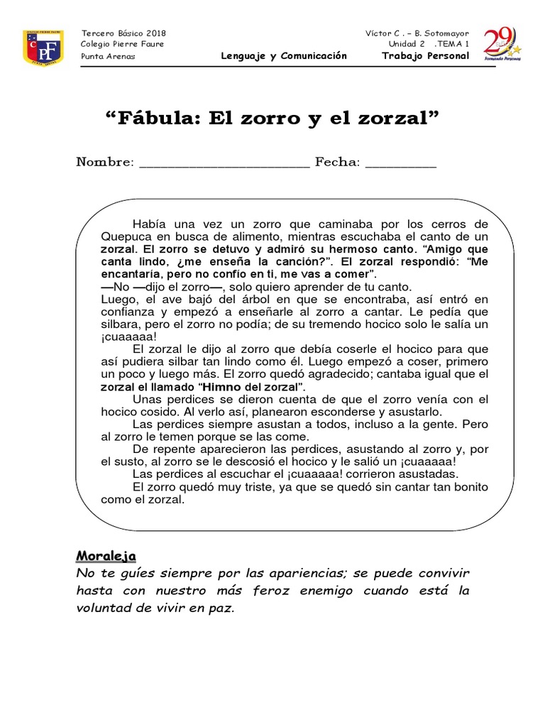 Fabula El Zorro y El Zorzal 1 | PDF | Ocio