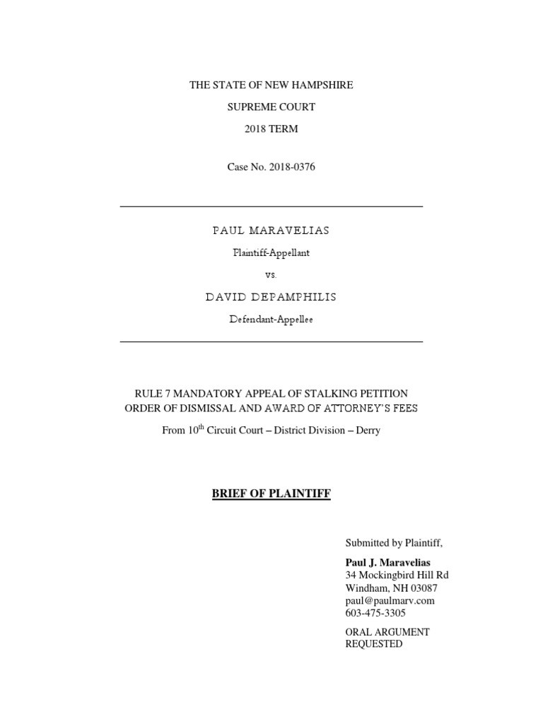 Paul Maravelias's Pro Se NH Supreme Court Appeal Brief in 2018-0376, Paul Maravelias v. David ...