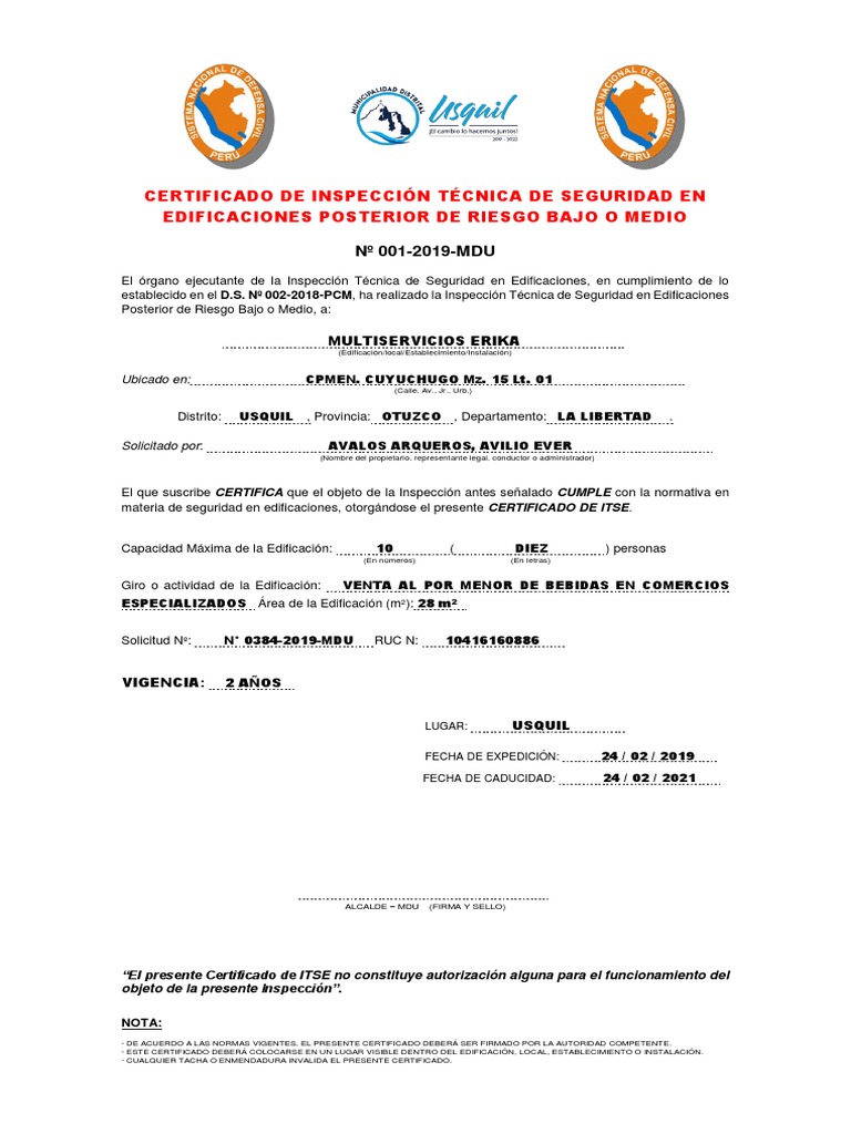 Certificado de Itse Posterior RBM 001-2019 | PDF | Gobierno