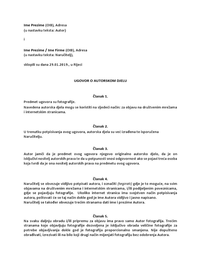 Primjer ugovora o Autorskom Djelu za fotografije