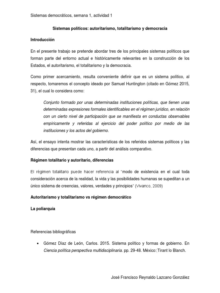 Sistemas Políticos Autoritarismo, Totalitarismo y Democracia | PDF