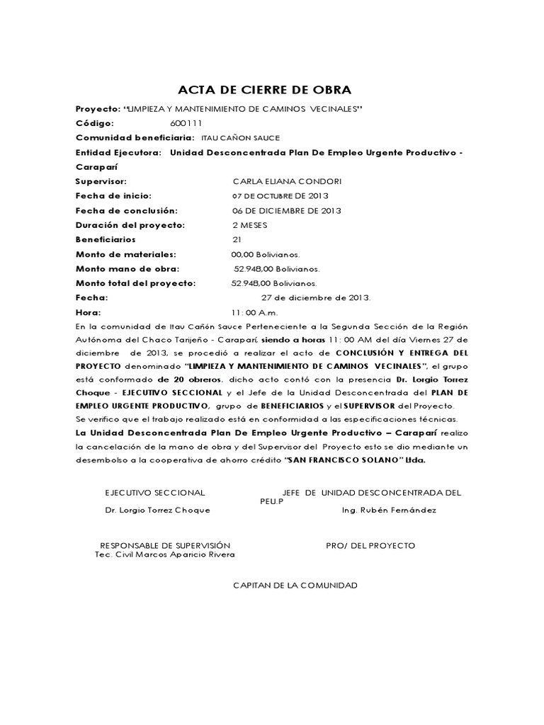 Acta de Cierre de Obra | PDF
