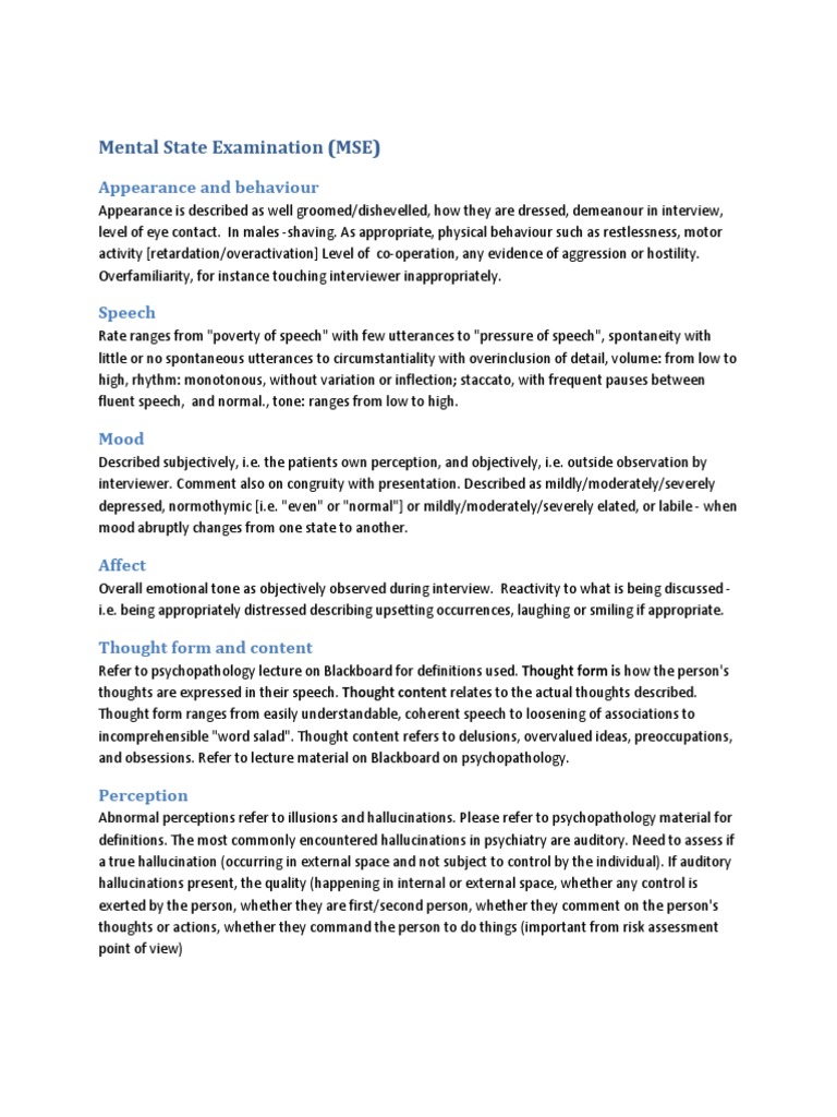 Mental State Examination | Psychopathology | Medical Diagnosis