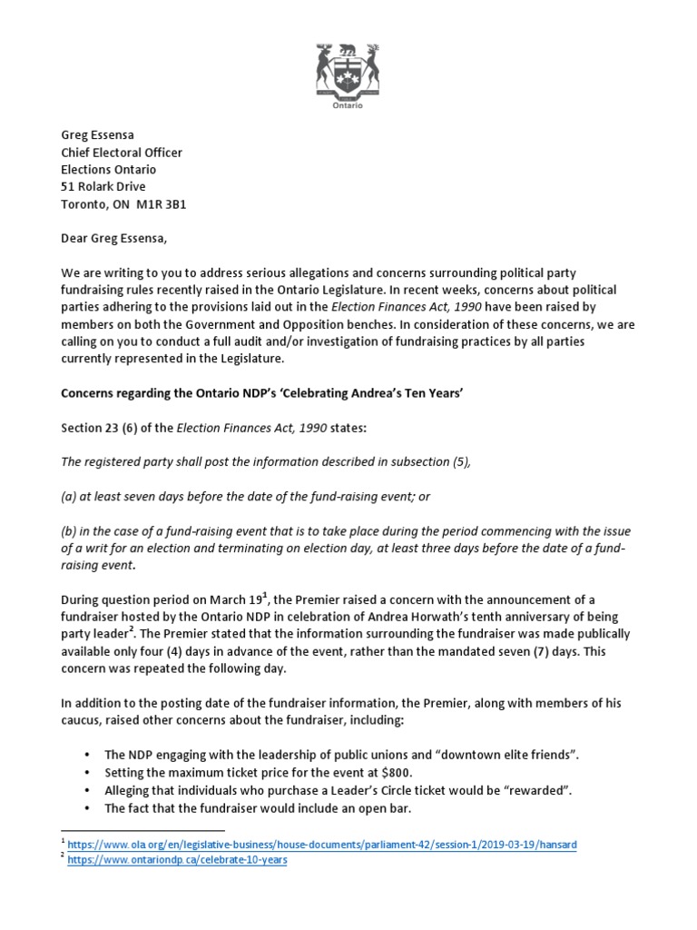 NDP Letter To Elections Ontario Re Fundraisers | PDF | Public Sphere | Government