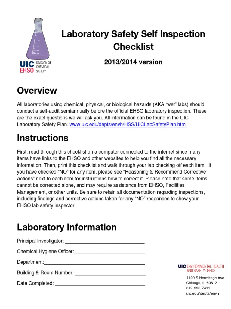 UIC Lab Self Inspection Checklist | PDF | Laboratories | Personal ...