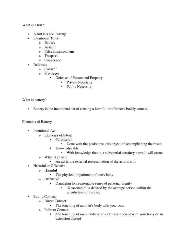 Torts Outline | PDF | Conversion (Law) | Tort