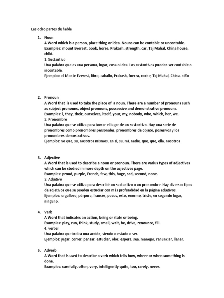 Las Ocho Partes de Habla | PDF | Vocabulario | Semántica léxica