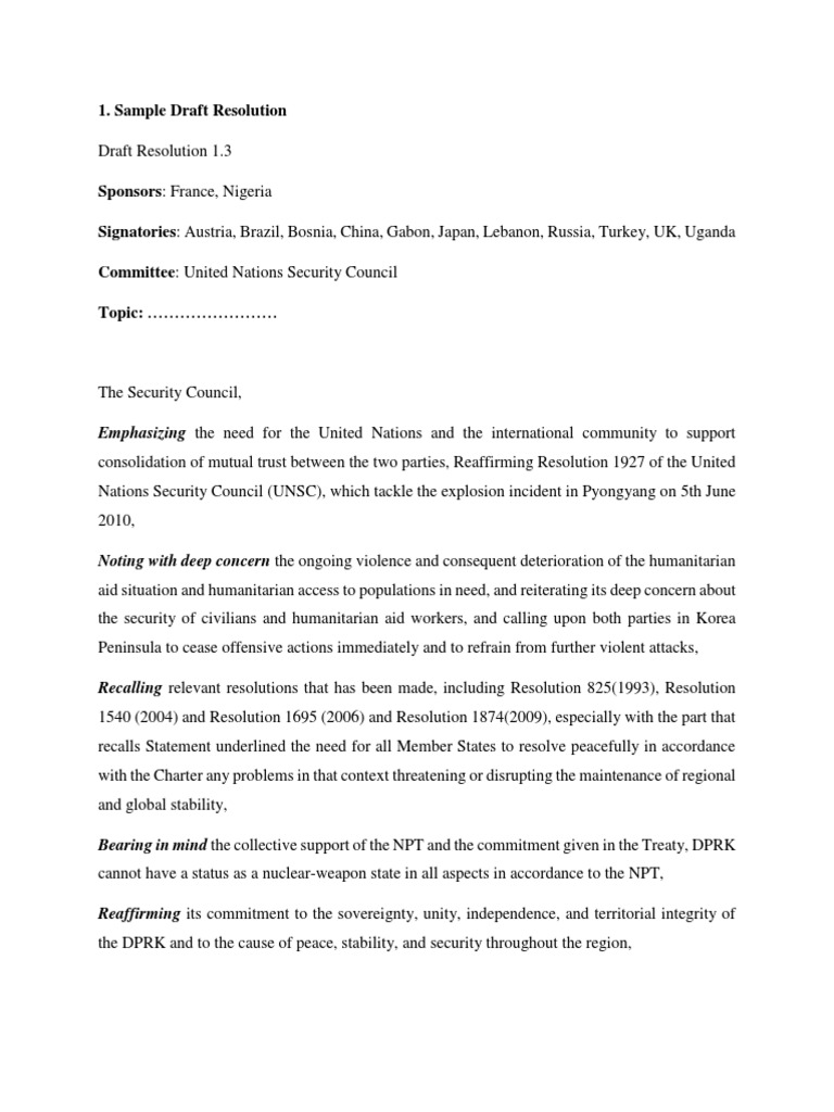 1. Sample Draft Resolution | United Nations Security Council | Treaty ...
