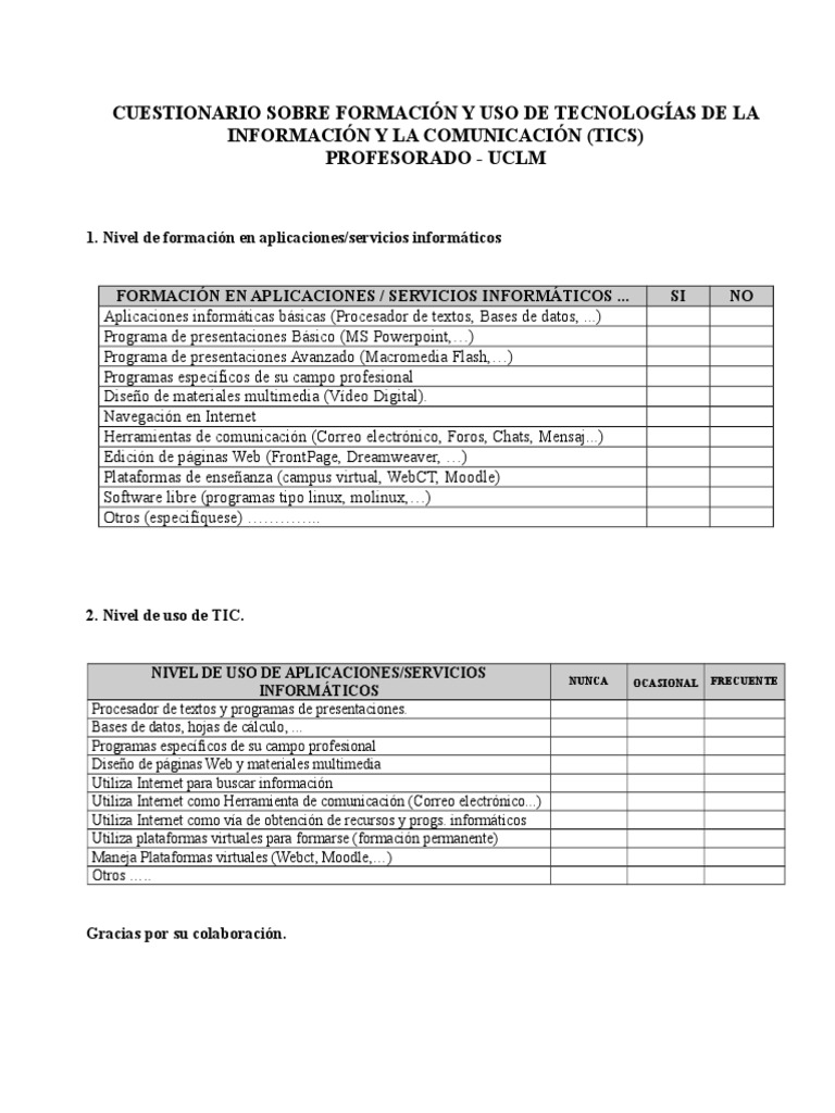Cuestionario Uso Tics | PDF
