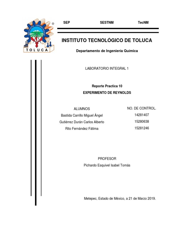 Práctica 10 - Experimento de Reynolds | PDF | Numero Reynolds | Viscosidad