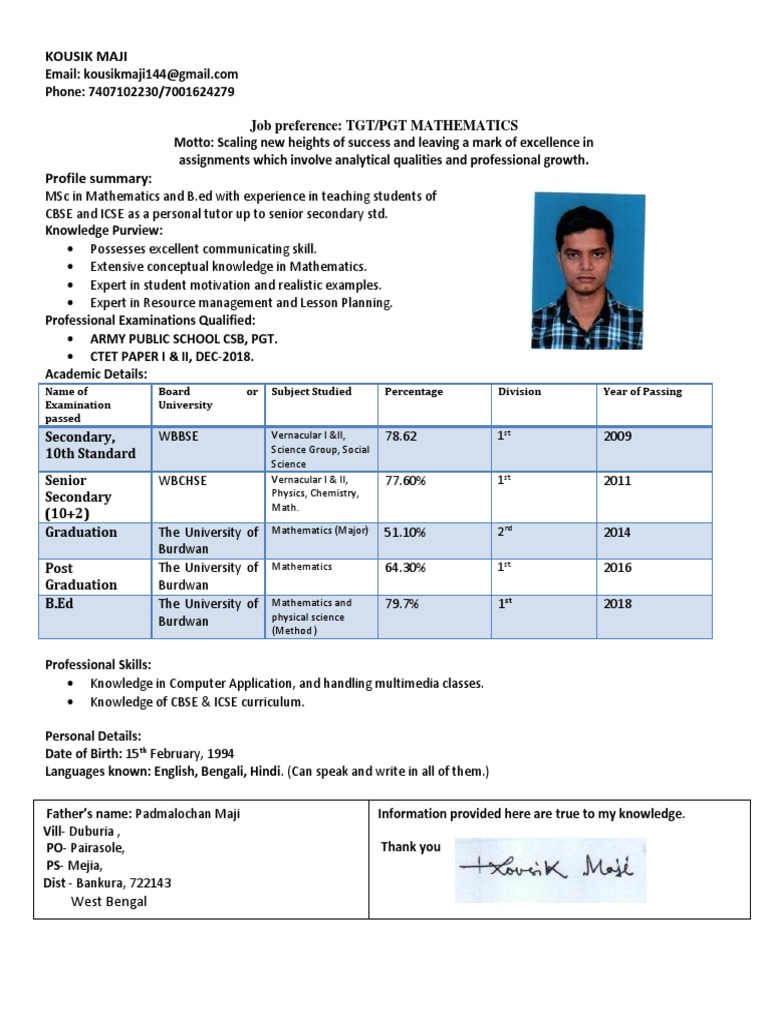 TGT/PGT Mathematics Teacher Resume | PDF