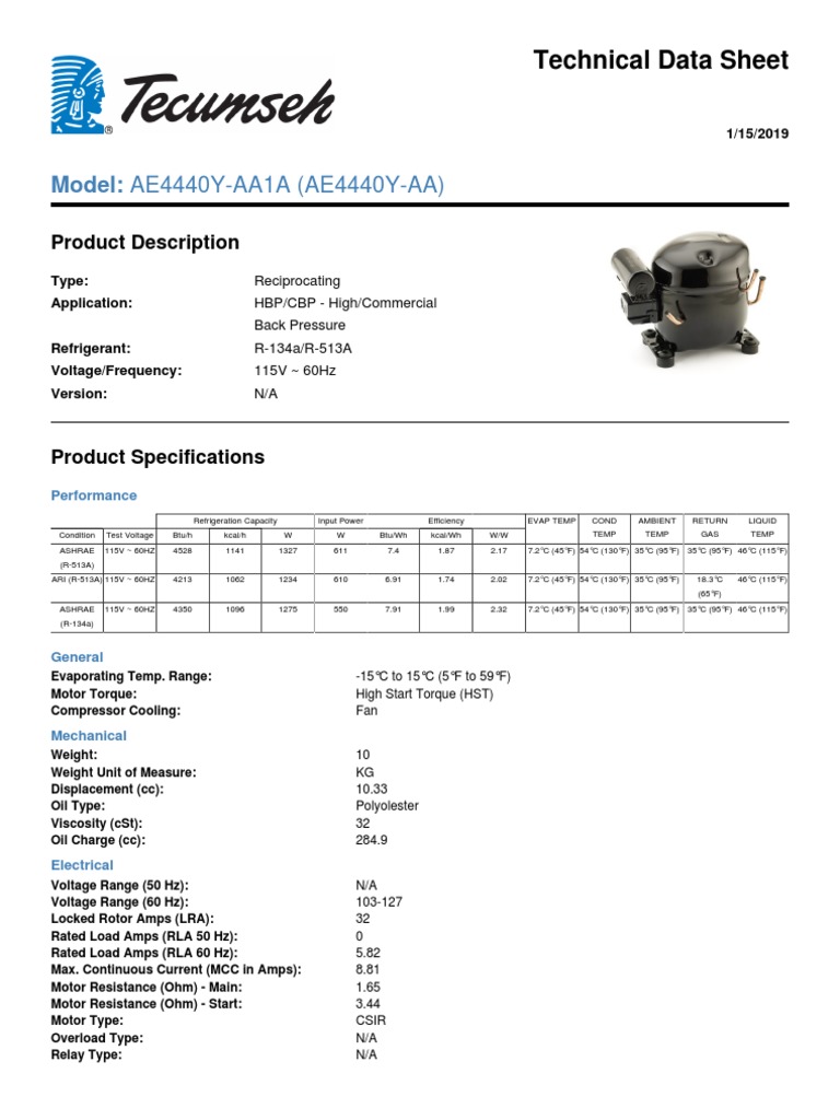 Compressor Tecumseh AE4440Y-AA1A | PDF | Air Conditioning | Thermodynamics