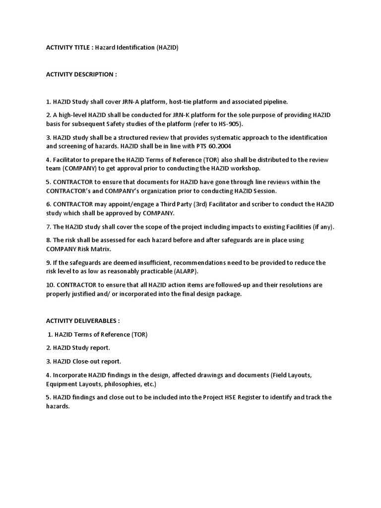 Hazid Identification Study Sample | PDF