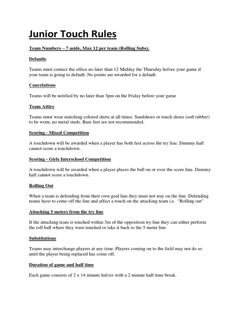 Junior Touch Rules 2 | PDF | Games Of Physical Skill | Sport Variants