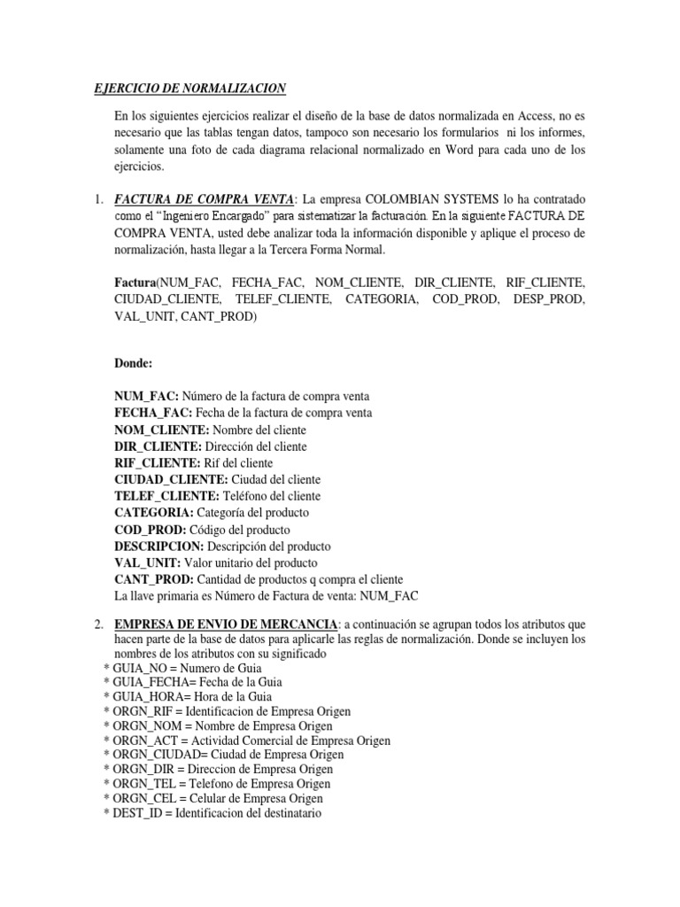 Ejercicios de Normalizacion | PDF | Factura | Bases de datos