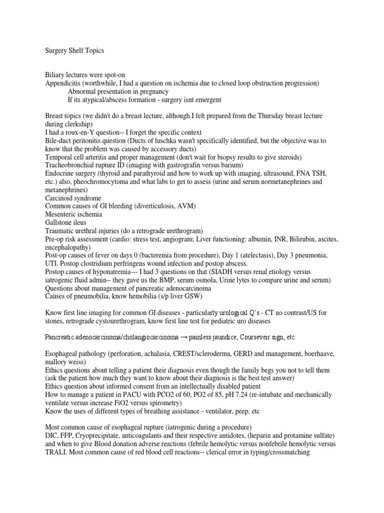 High-Yield Surgery Shelf Topics | PDF | Medical Specialties | Clinical ...