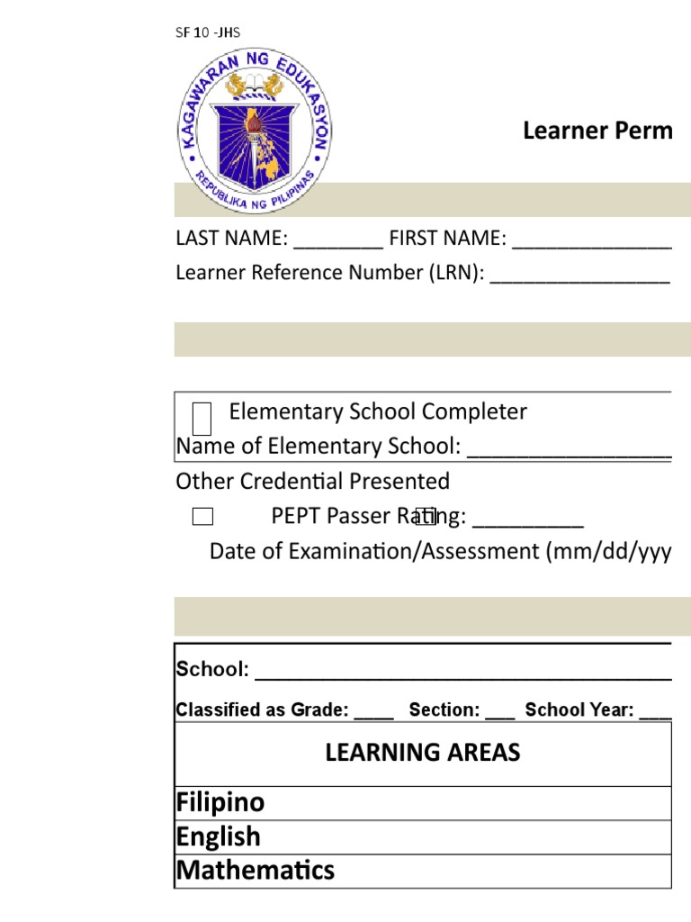 School Form 10 SF10 Learner's Permanent Academic Record For Junior High ...