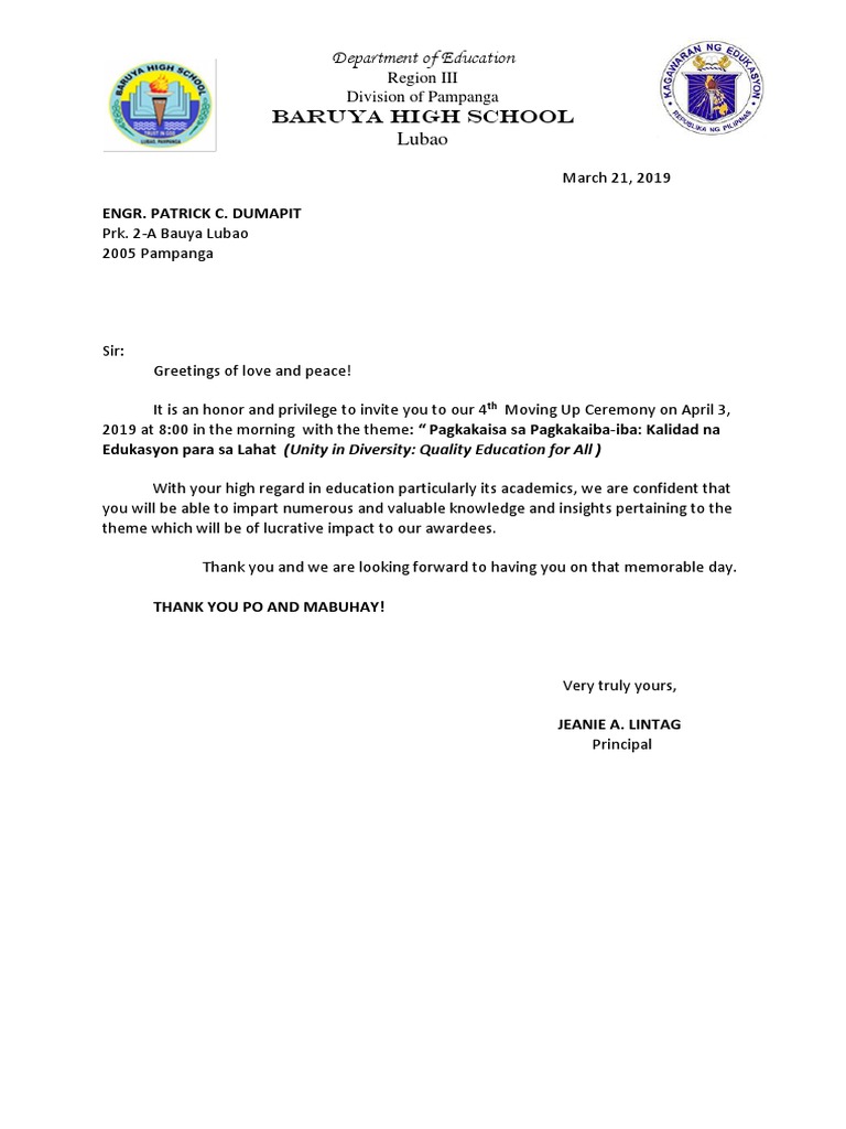 Baruya High School 4th Moving Up Ceremony Invitation | PDF