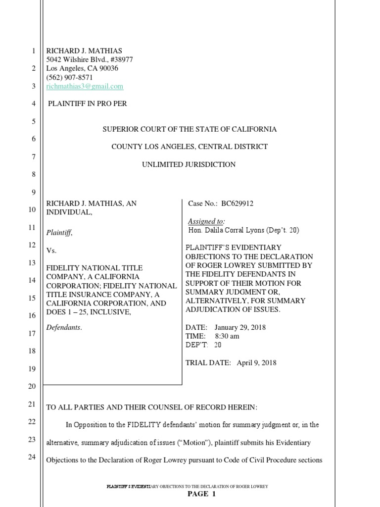 Evidence Objections to Declaration | Summary Judgment | Affidavit