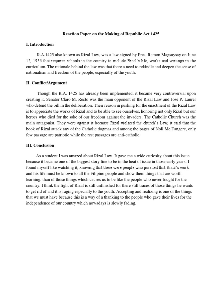 Reaction Paper On The Making of Republic Act 1425 | PDF