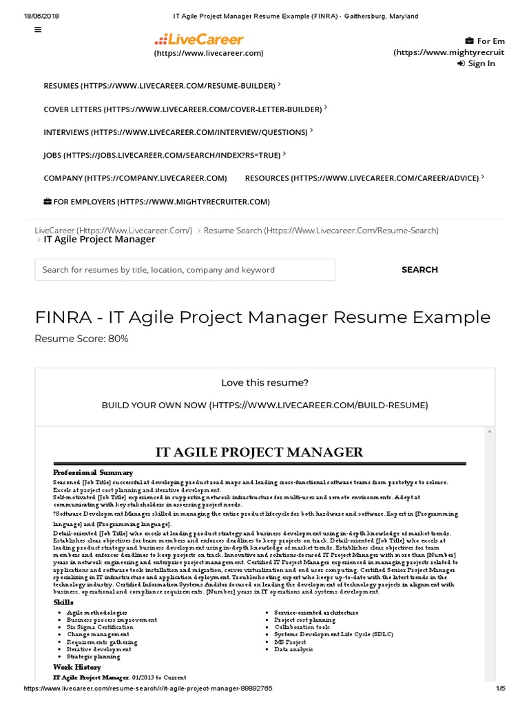 IT Agile Project Manager Resume Example (FINRA) - Gaithersburg ...