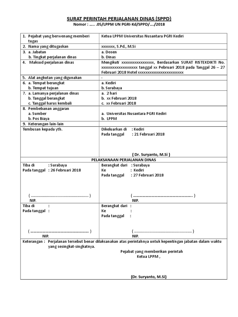 Contoh SPPD Perjalanan Dinas Sekolah | PDF | Sains & Matematika