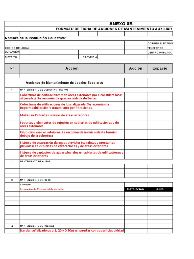 Formato Del Anexo 8b - Ficha de Acciones de Mantenimiento Manual Costa ...