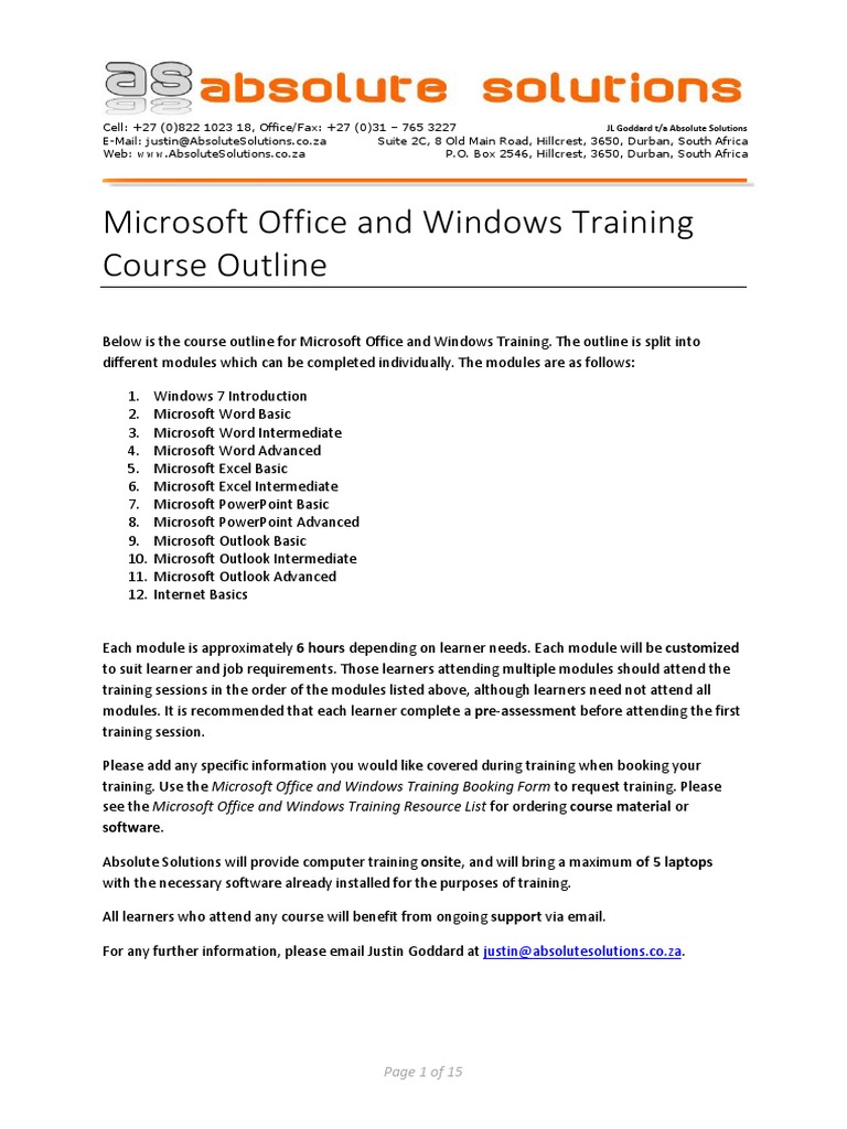 Microsoft Office Training Course Outline | PDF | Microsoft Outlook ...