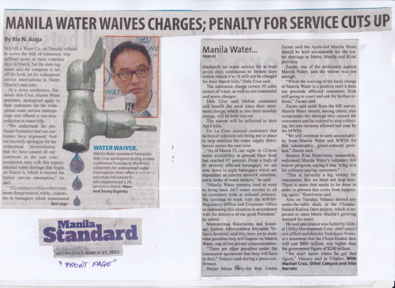 Manila Standard, Mar. 27, 2019, Manila Water Waives Charges Penalty For ...