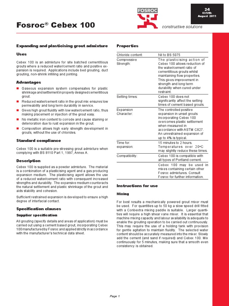 Fosroc Cebex 100 0811 PDF | PDF | Concrete | Cement