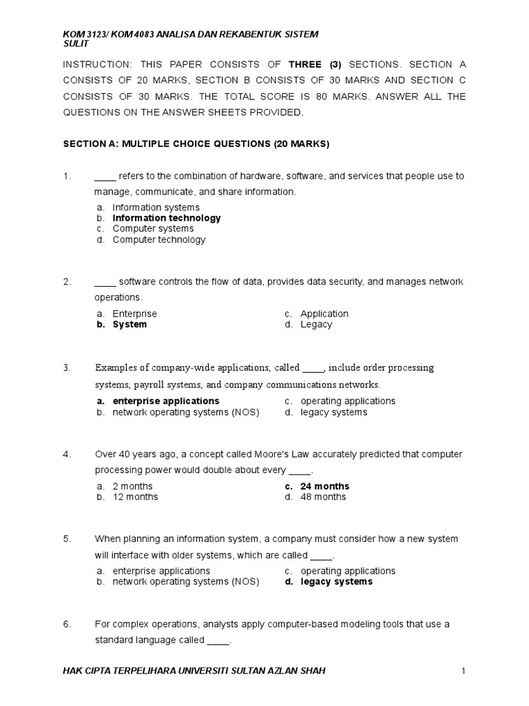 Section A: Multiple Choice Questions (20 Marks) : Kom 3123/ Kom 4083 ...