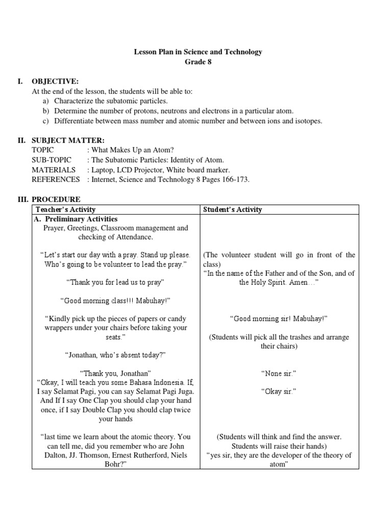 Grade 8 Science Lesson: Atoms and Particles | PDF | Atoms | Proton
