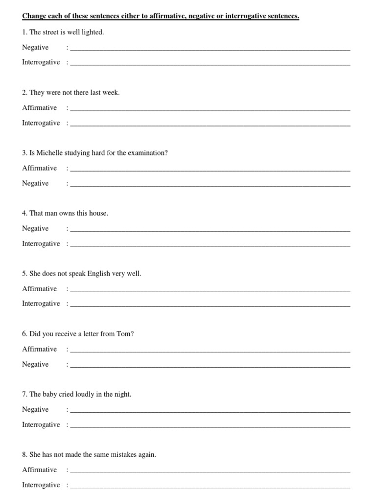 Positive, Negative and Interrogative Statements Exercise | PDF ...