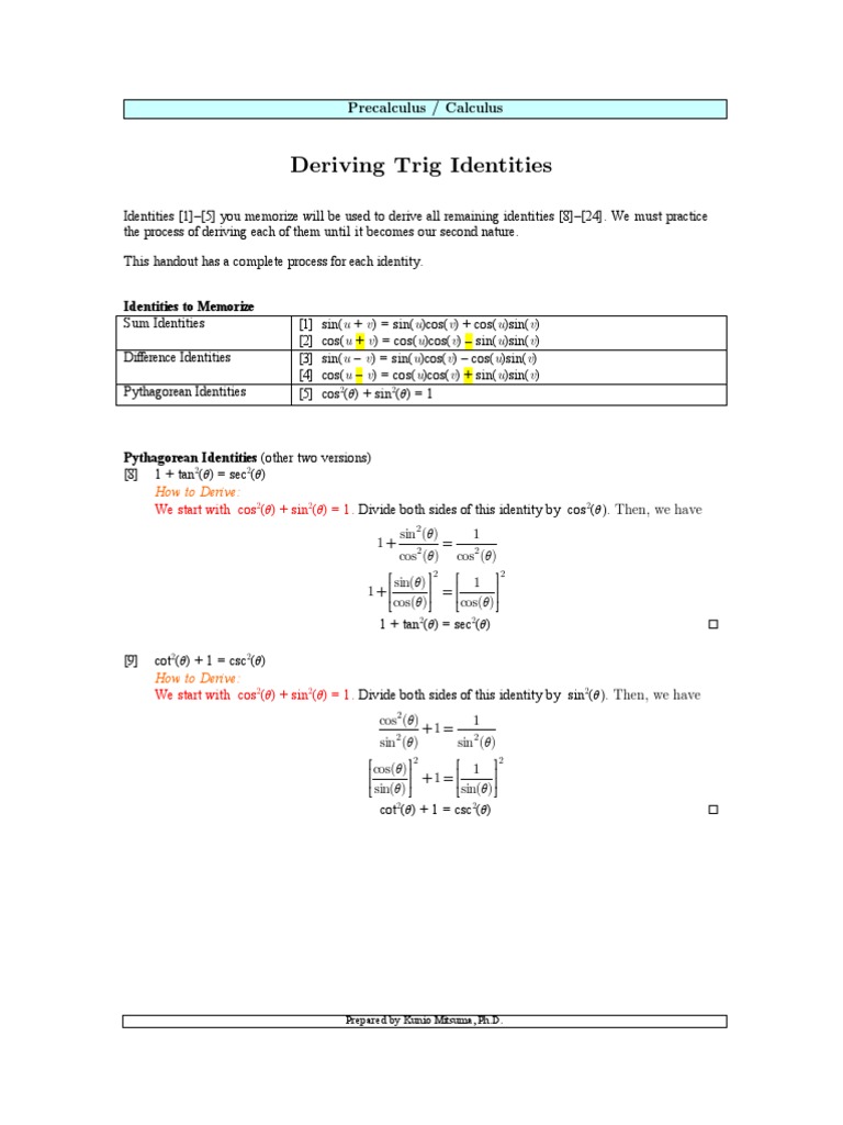 Deriving Trig Identities: Precalculus / Calculus | PDF