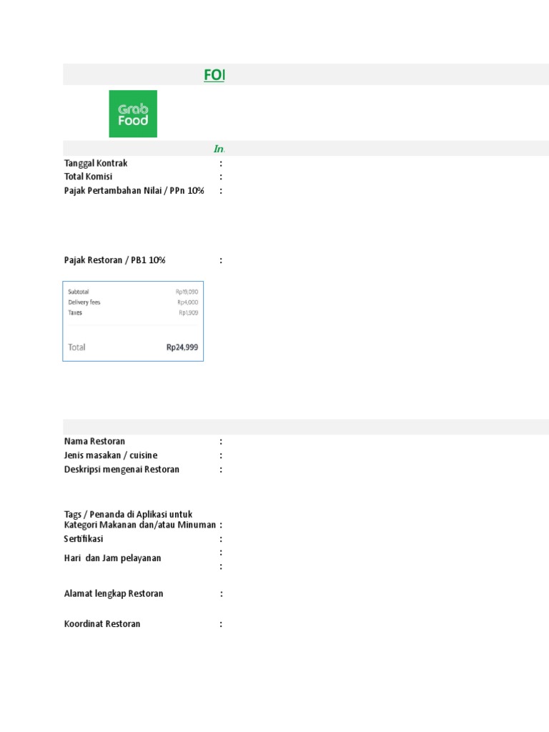 Formulir Informasi Restoran GrabFood Dan OVO (ISI DI EXCEL) | PDF