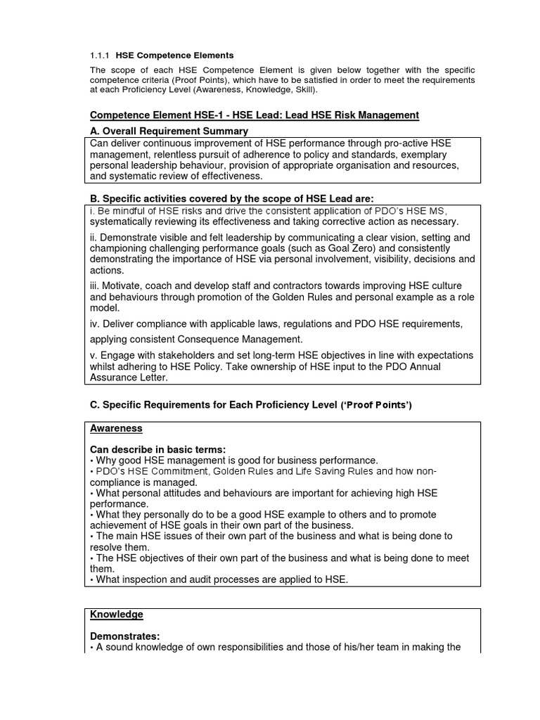 HSE Competence Proof Points.docx | Risk Management | Occupational ...