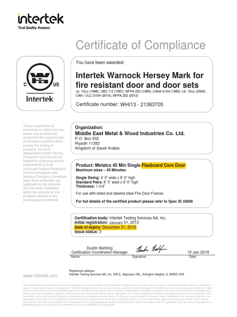 Fire Rated Door Certificate | PDF | Door | Business