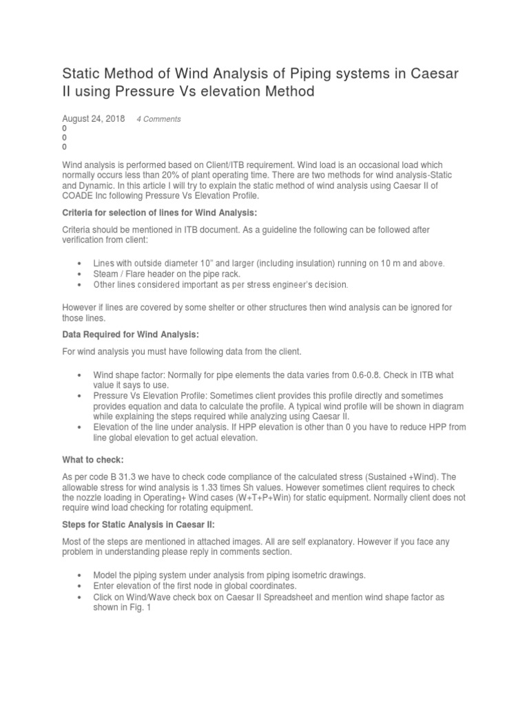 Static Method of Wind Analysis of Piping Systems in Caesar II Using ...