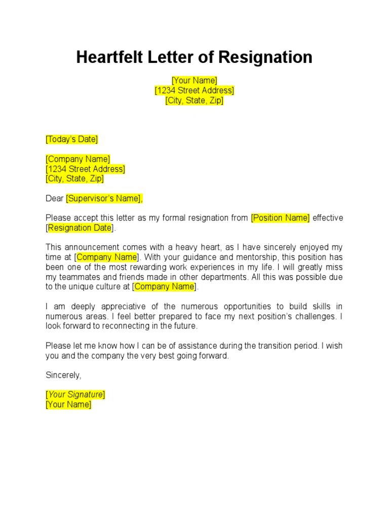 Heartfelt Resignation Letter Template | PDF | Business | Self-Improvement