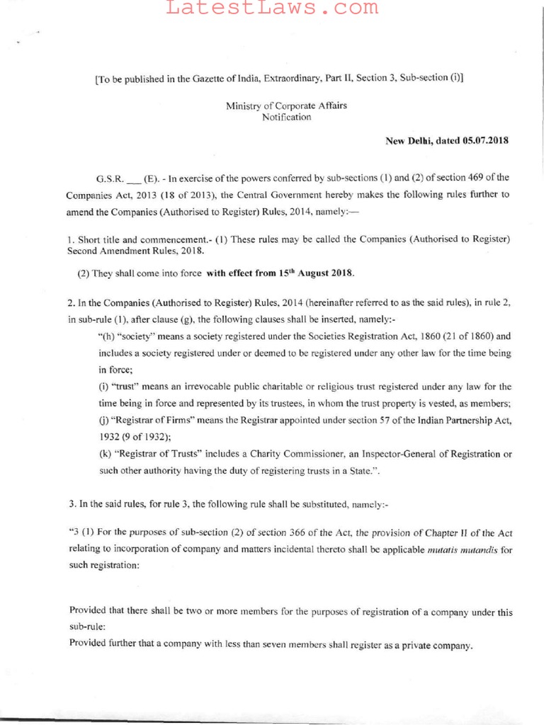 Companies (Authorised To Register) Second Amendment Rules, 2018 | PDF | Limited Liability ...
