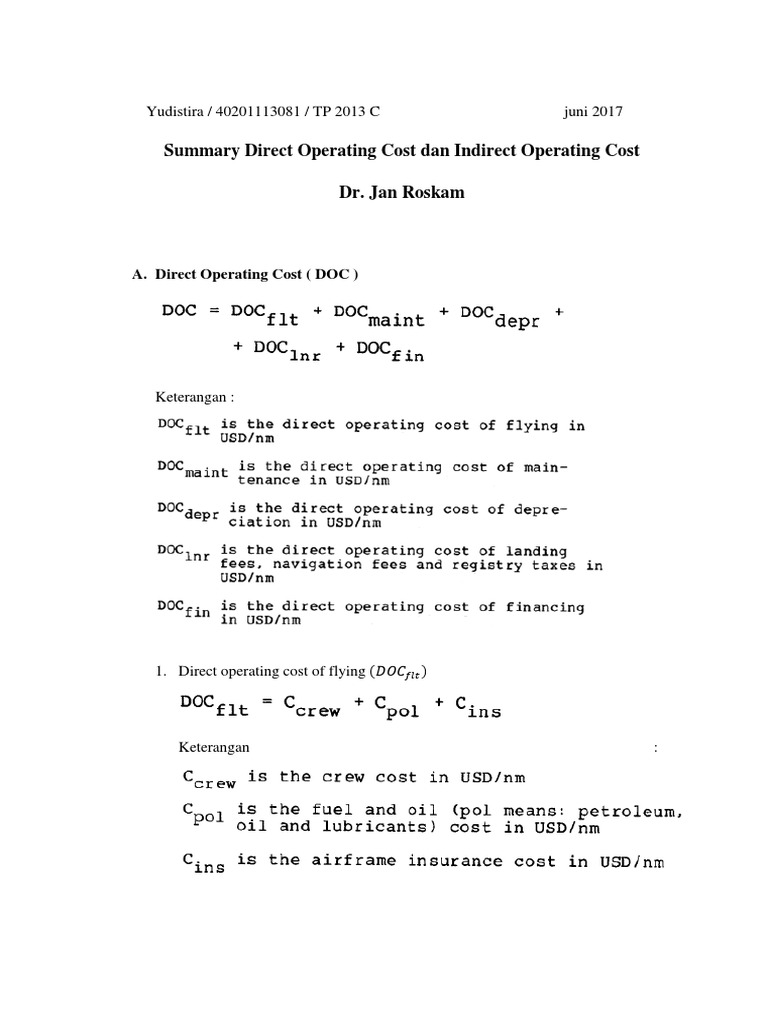 Summary Direct Operating Cost Dan Indirect Operating Cost Dr. Jan ...