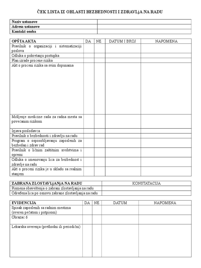 Ček Lista Za BZR | PDF