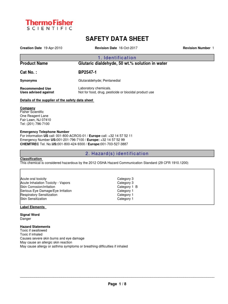 Glutaraldehyde Msds | PDF | Dangerous Goods | Toxicity