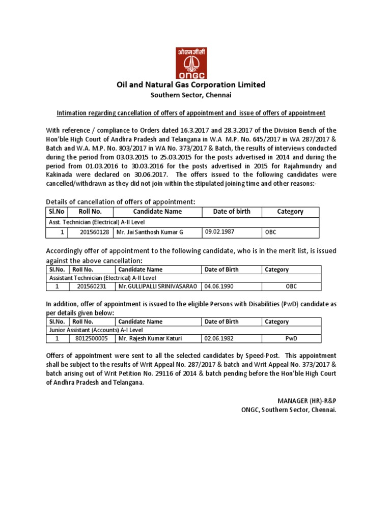 ONGC Appointment Offer Cancellations | PDF